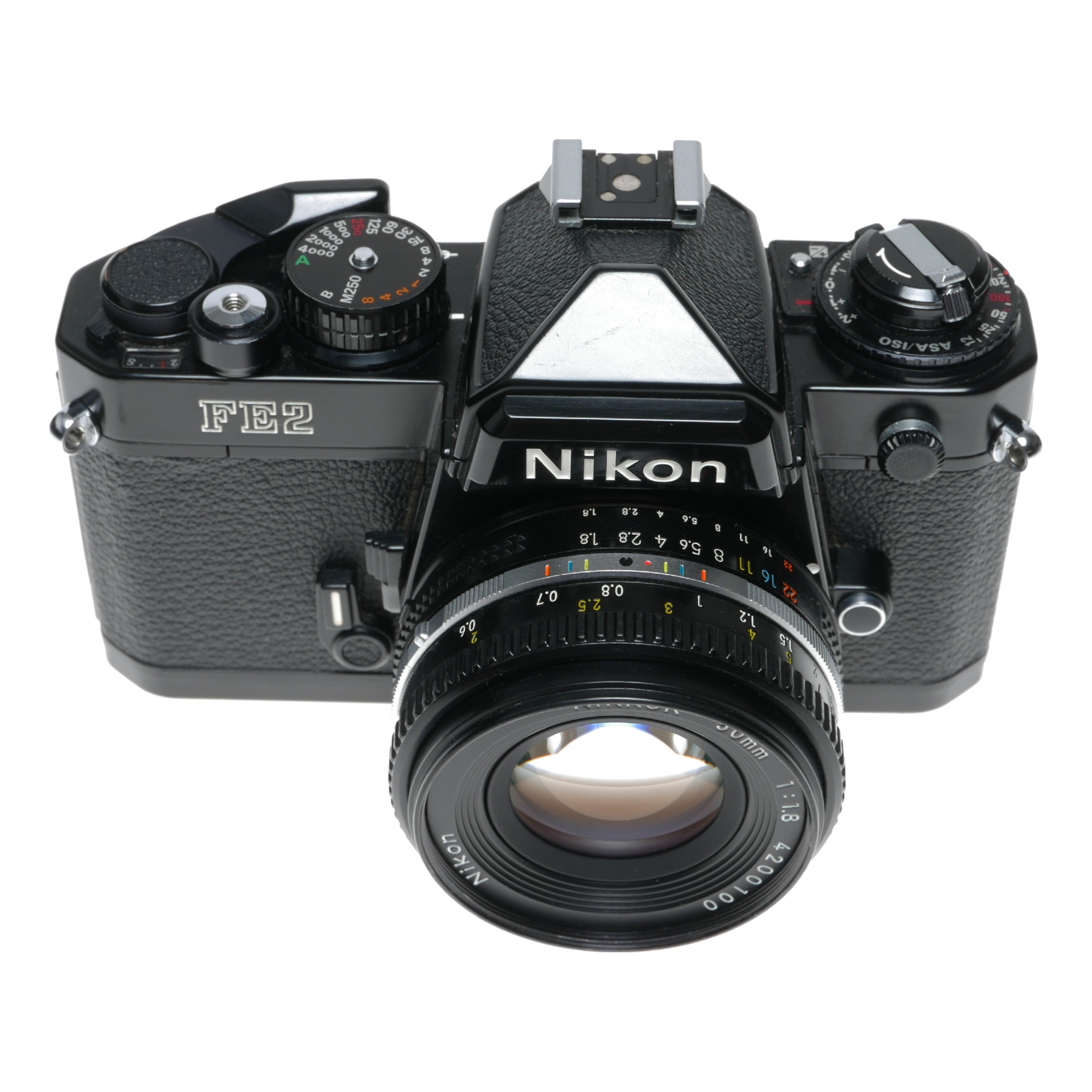 Nikon FE2 Black SLR 35mm film camera 24mm, 50mm 2 lens set