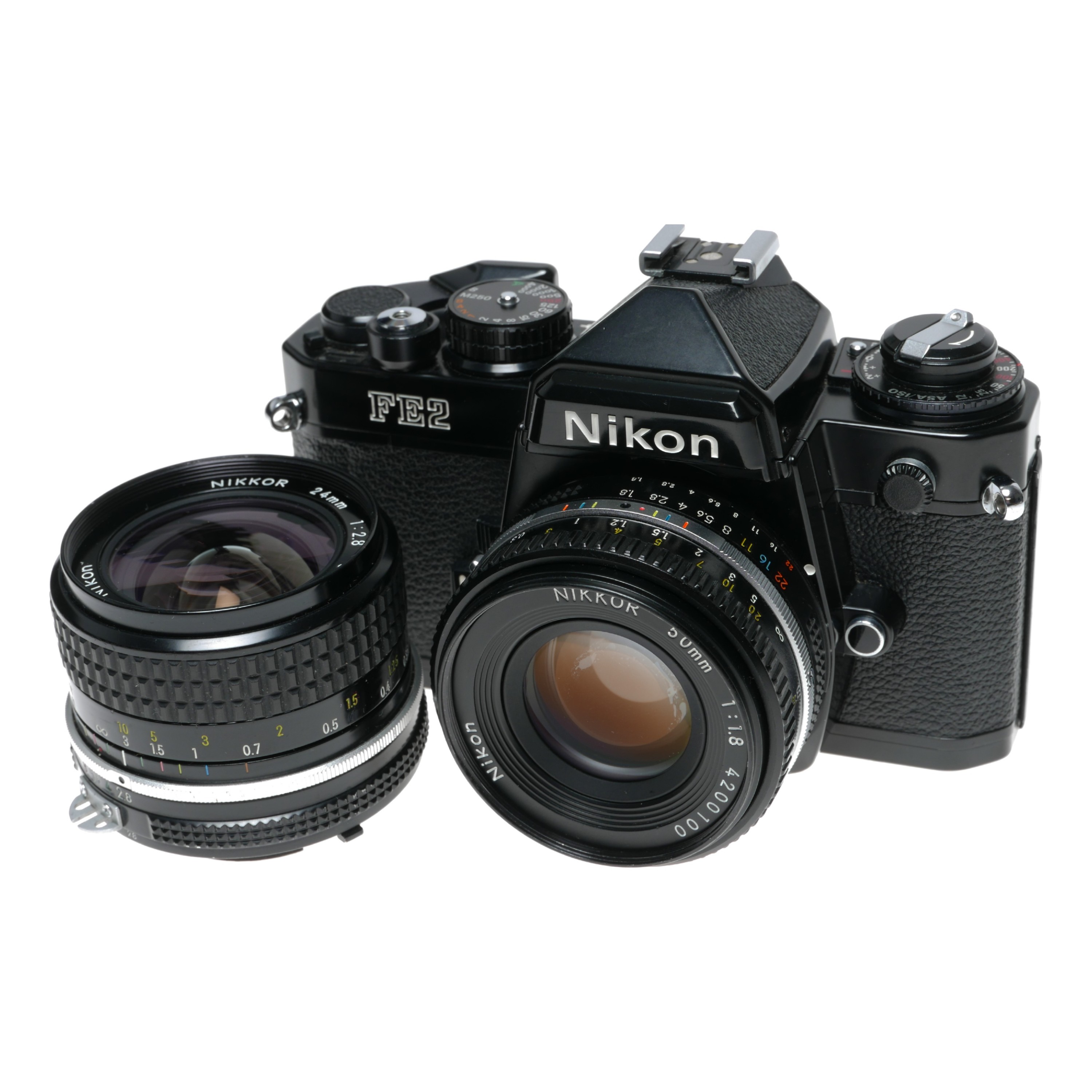 Nikon FE2 Black SLR 35mm film camera 24mm, 50mm 2 lens set