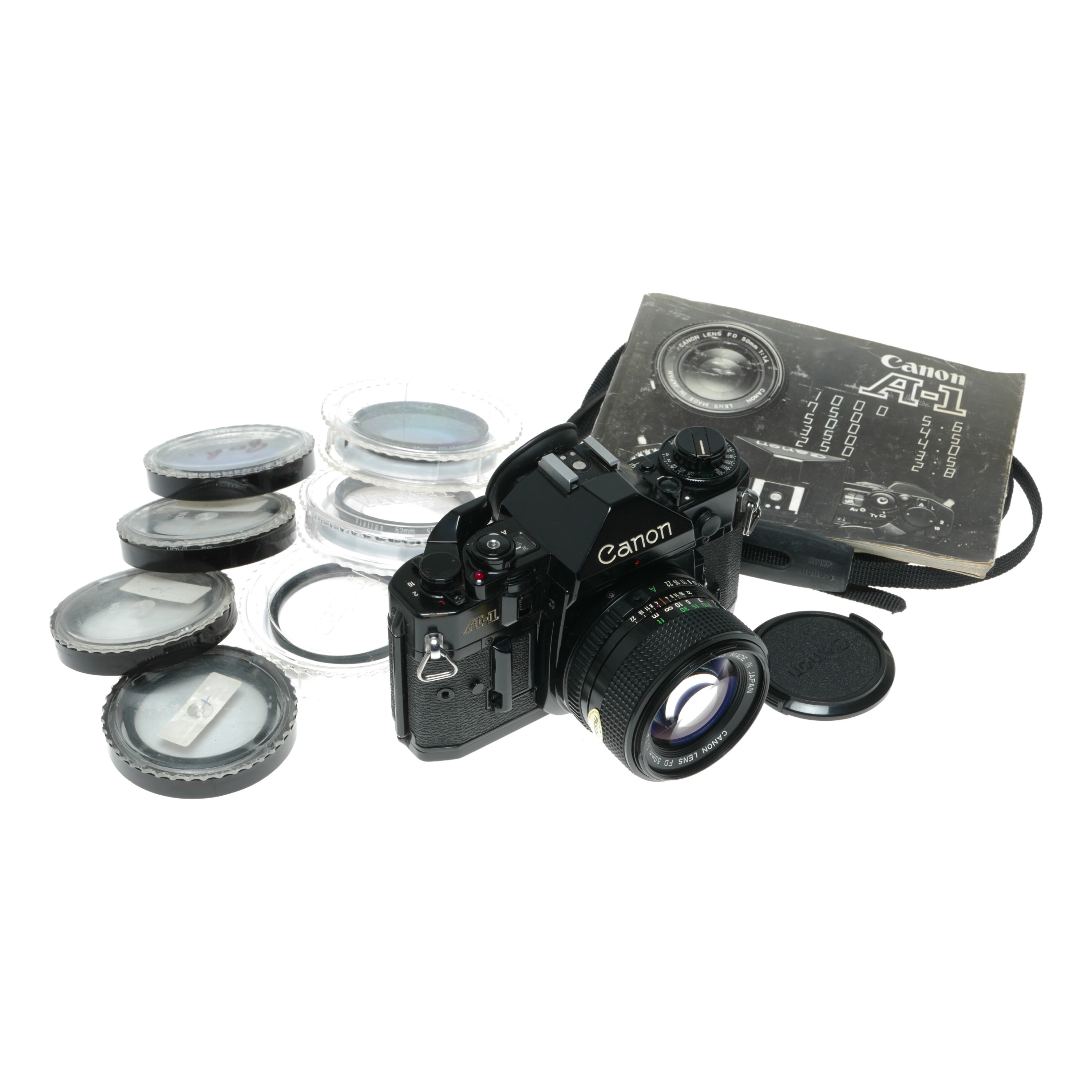 Canon A-1 Black 35mm Film SLR Camera FD 50mm 1:1.4 Filters Manual
